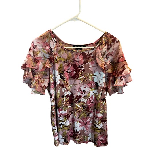 Adele & May | Tops | Adele May Floral Ruffle Sleeve Blouse Top Pink ...